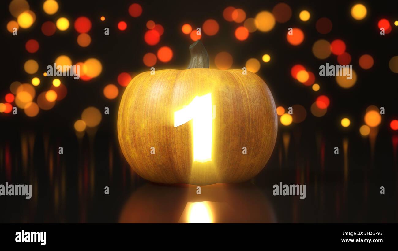 Number 1 carved on Halloween pumpkin. 3d illustration with bokeh effect on background. suitable ...