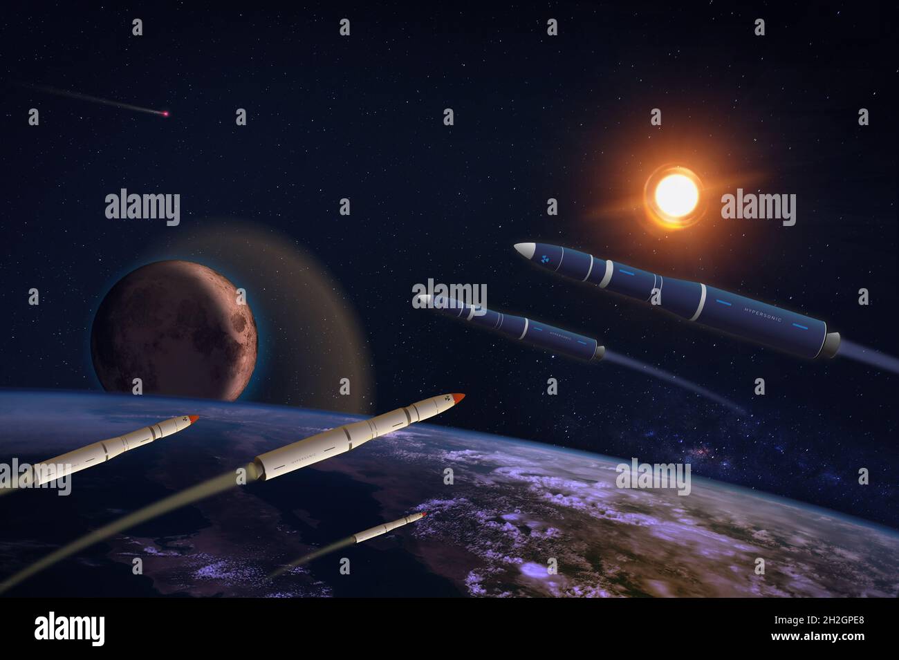 Hypersonic missiles or rockets over the apocalyptic Earth. A comet runs ...