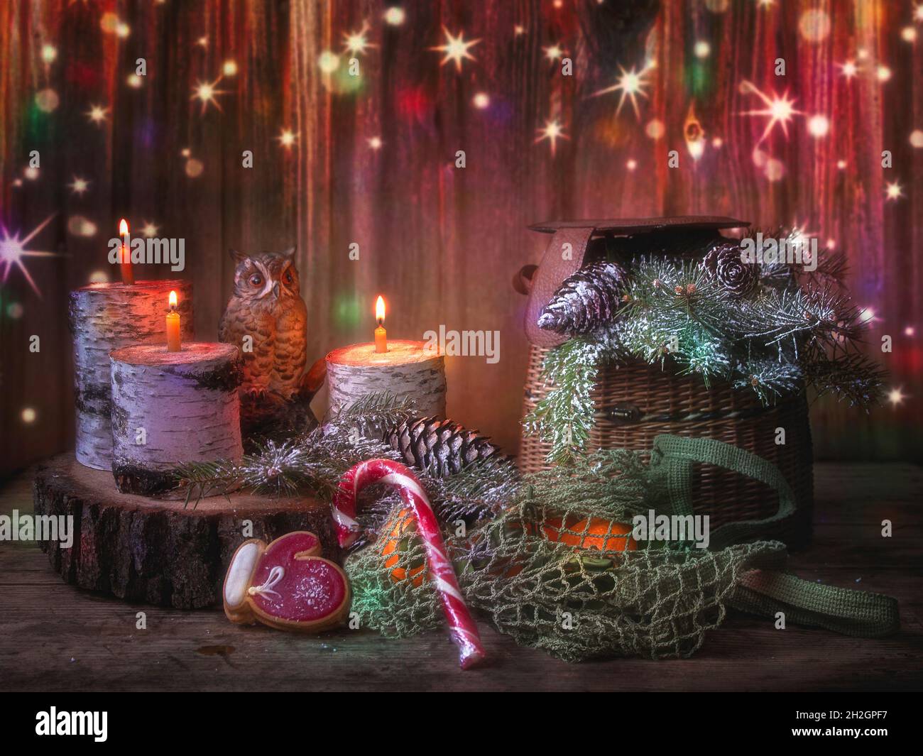Christmas still life with candles and decorations Stock Photo - Alamy