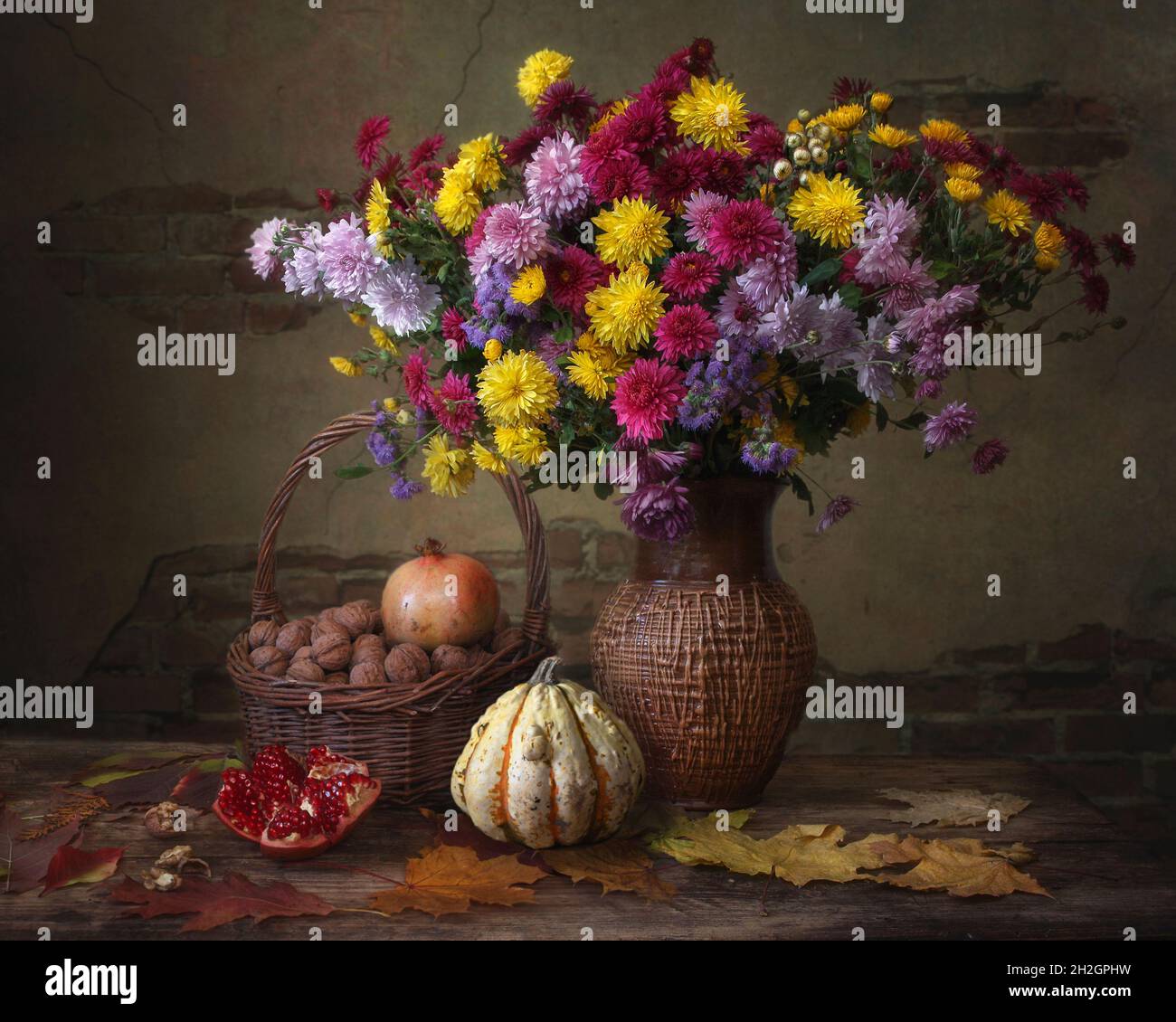 Autumn still life with a bouquet of chrysanthemums Stock Photo - Alamy