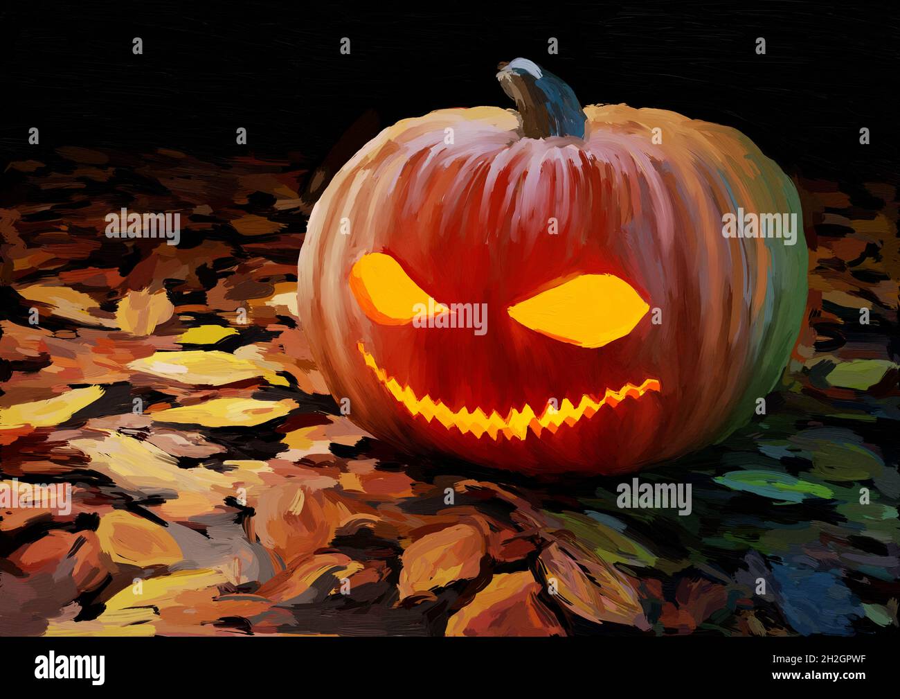 Acrylic painting of halloween scary pumpkin at autumn. Digital art ...