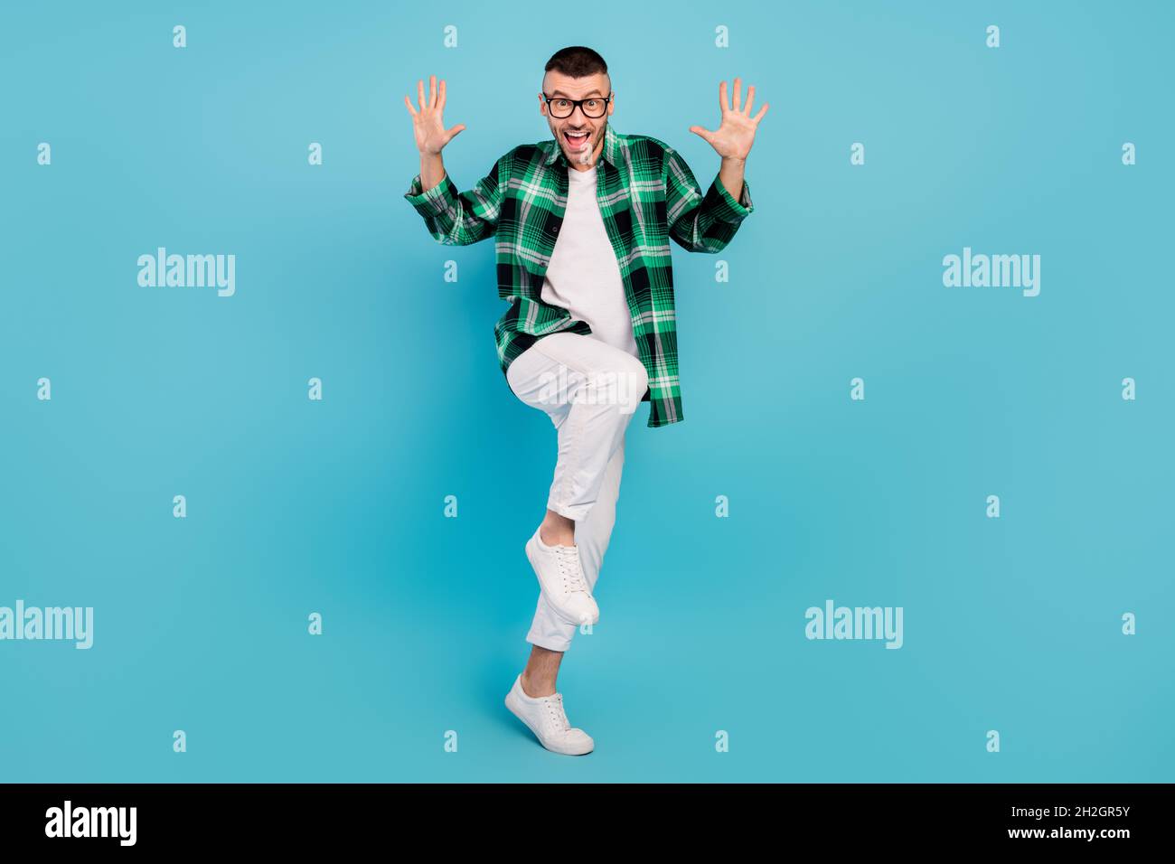 Full size photo of happy amazed cheerful funky man good mood news sale ...