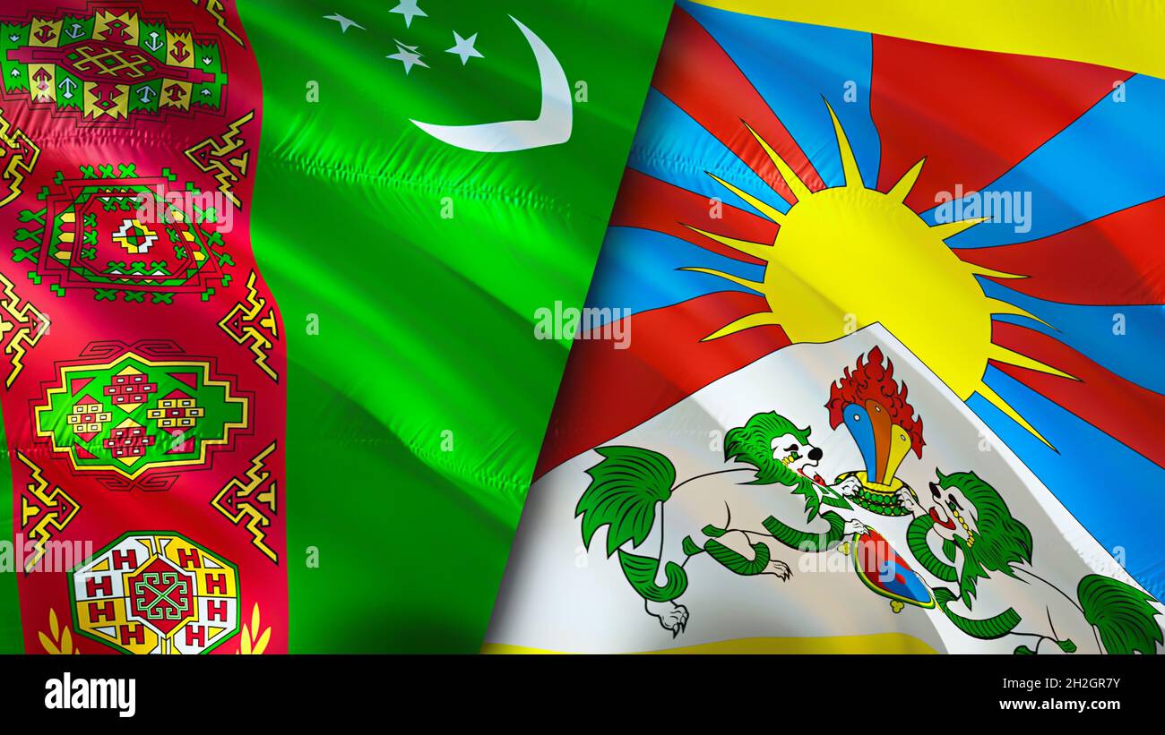 Turkmenistan and Tibet flags. 3D Waving flag design. Turkmenistan Tibet ...
