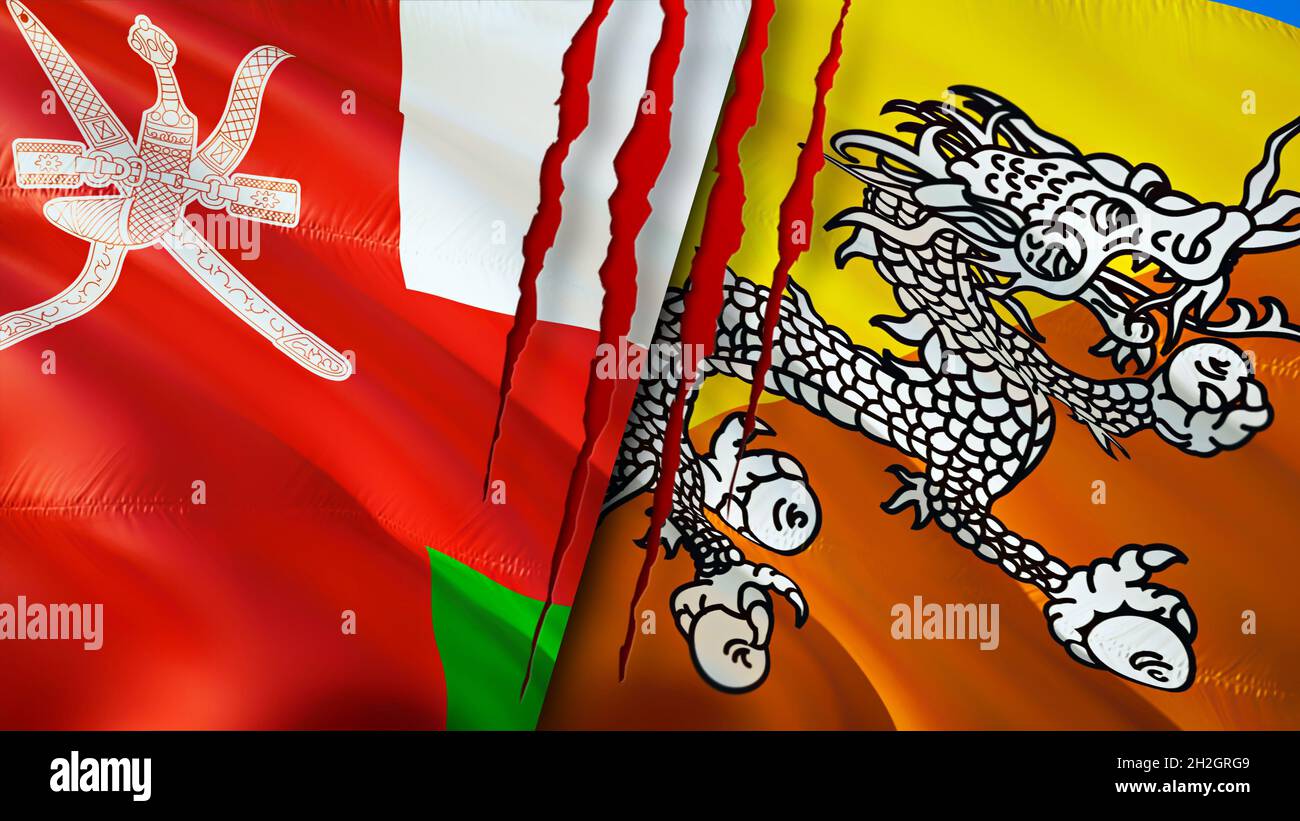 Oman and Bhutan flags with scar concept. Waving flag,3D rendering ...