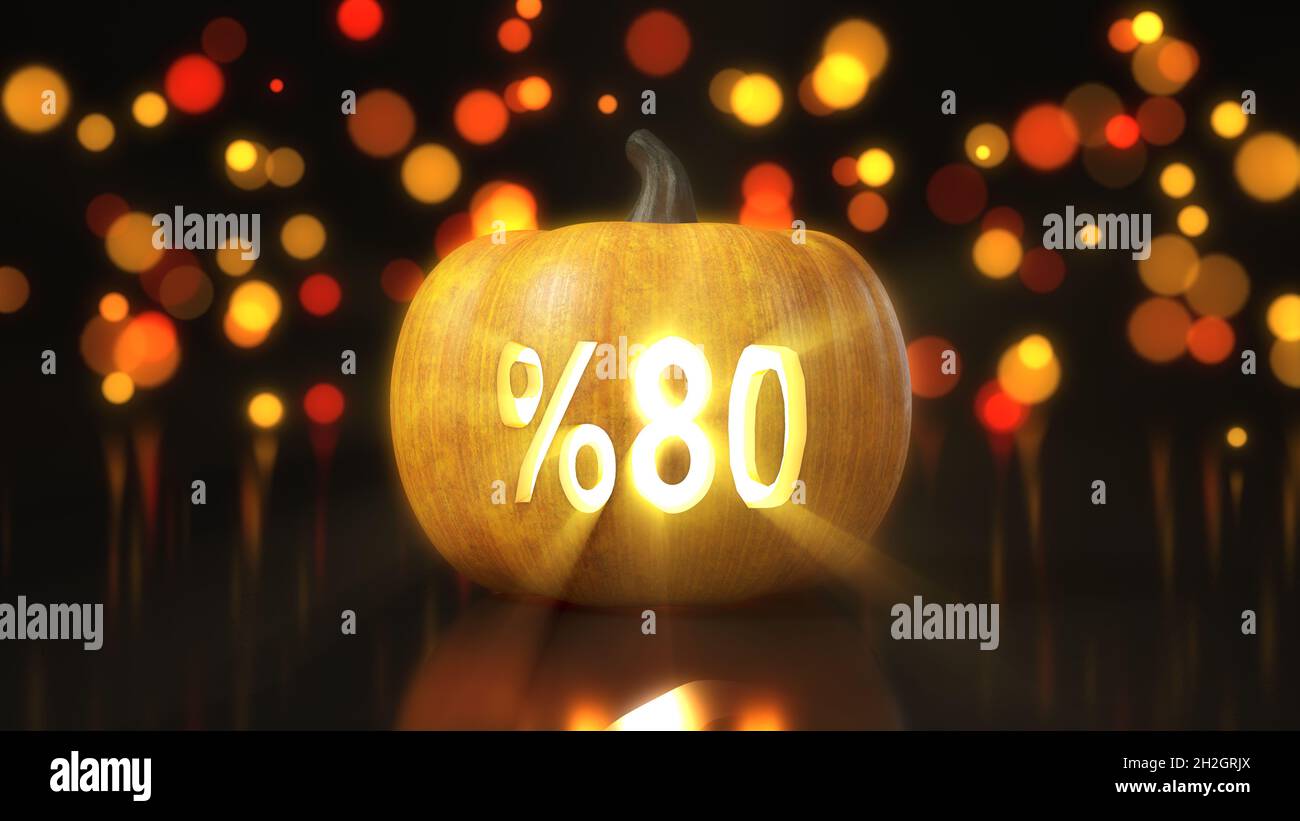 %80 sale symbol carved on Halloween pumpkin. 3d illustration with bokeh effect on background ...