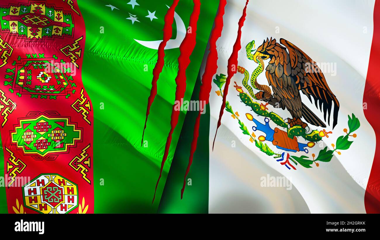 Turkmenistan and Mexico flags with scar concept. Waving flag 3D ...