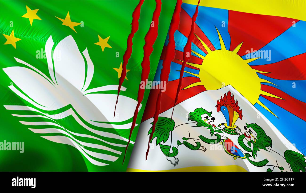 Macau and Tibet flags with scar concept. Waving flag,3D rendering ...