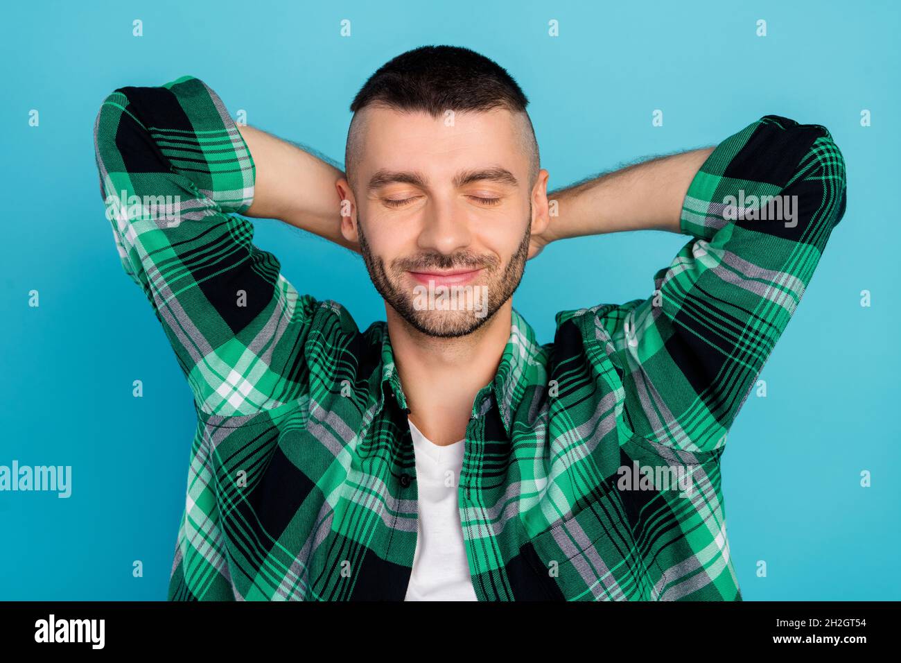 Top above high angle view photo of sleepy happy young man hands behind ...
