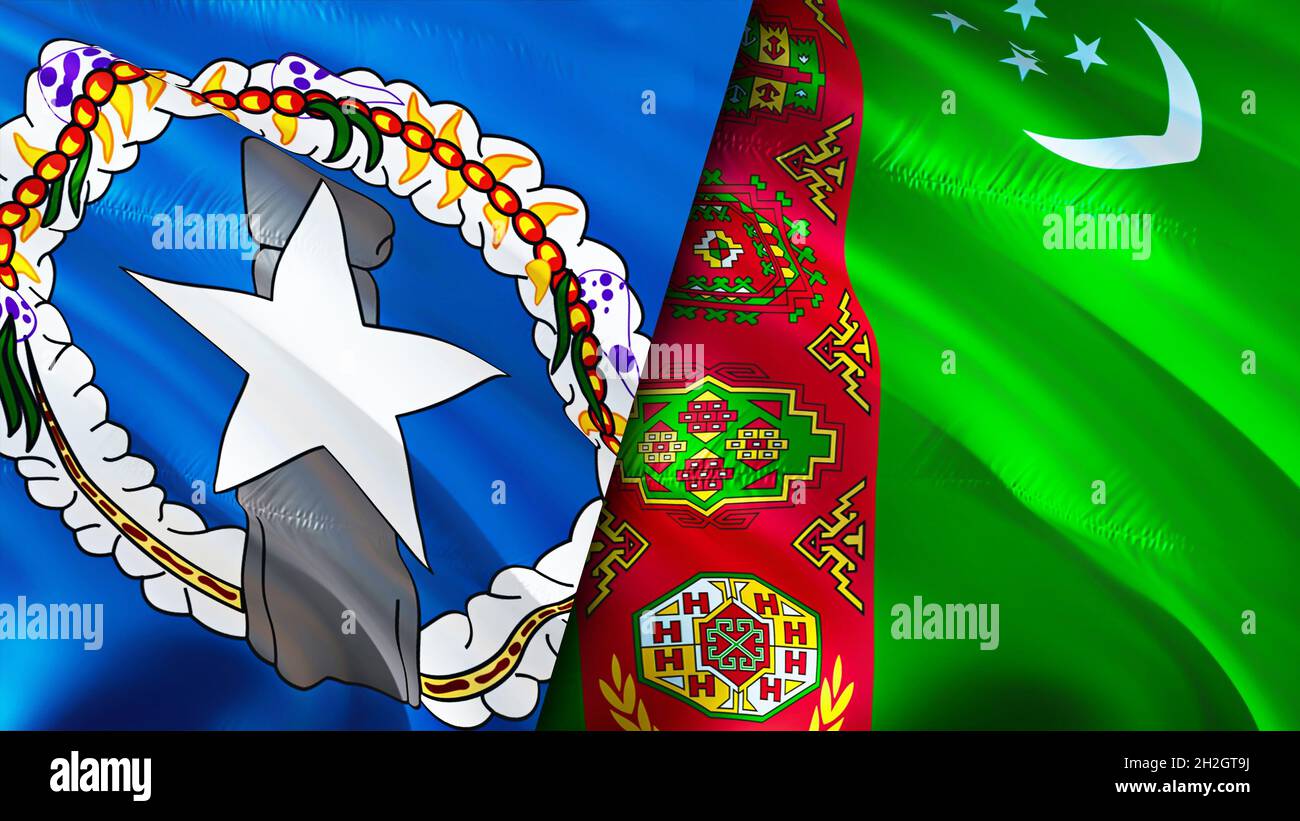 Mariana Islands and Turkmenistan flags. 3D Waving flag design ...