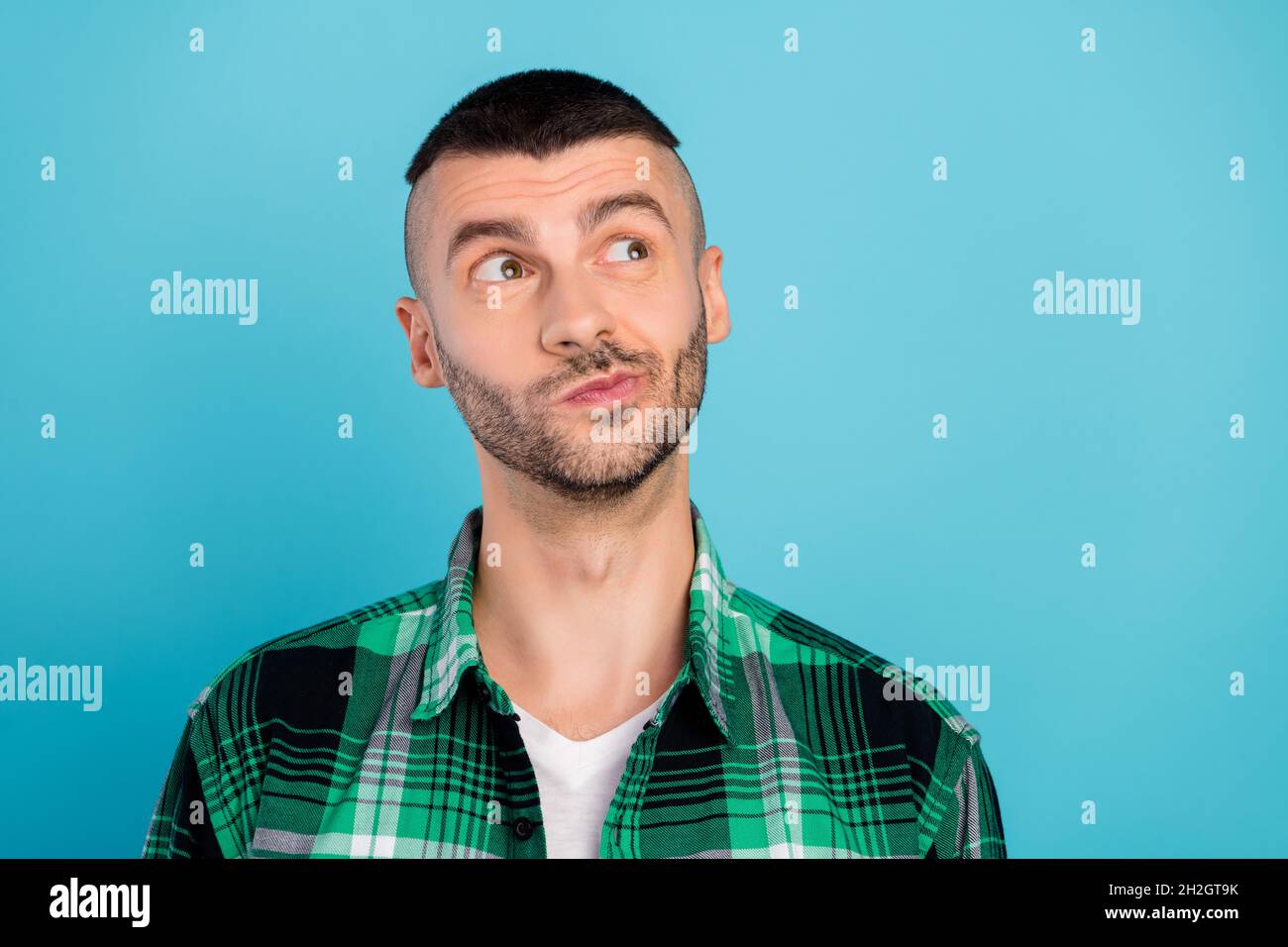 Photo of positive happy cheerful man look empty space dream imagine ...