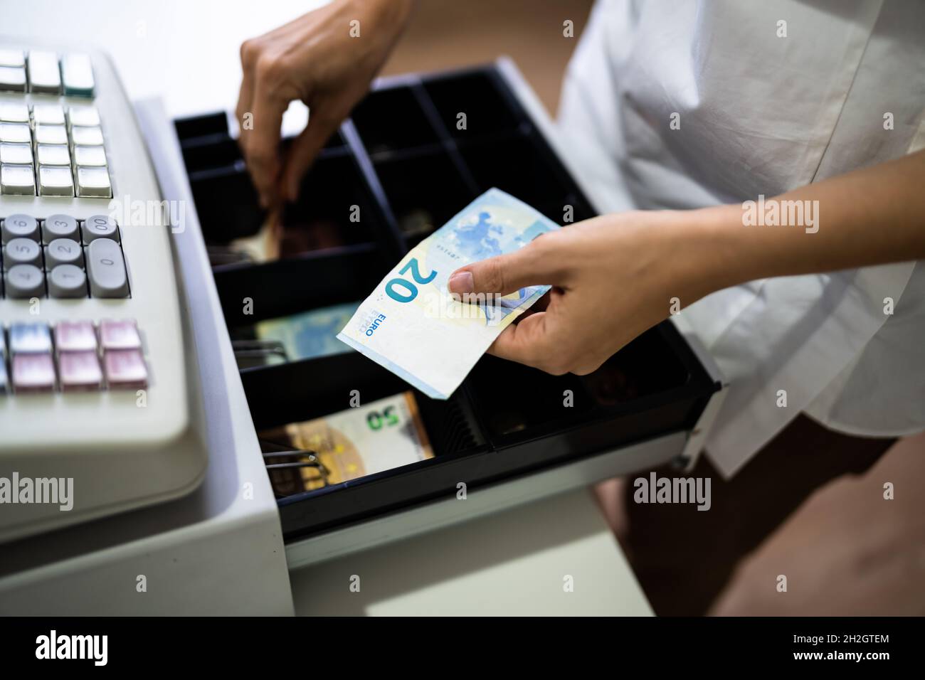 Cashier Hand Working With Cash Register Changing Money Bill Stock Photo ...