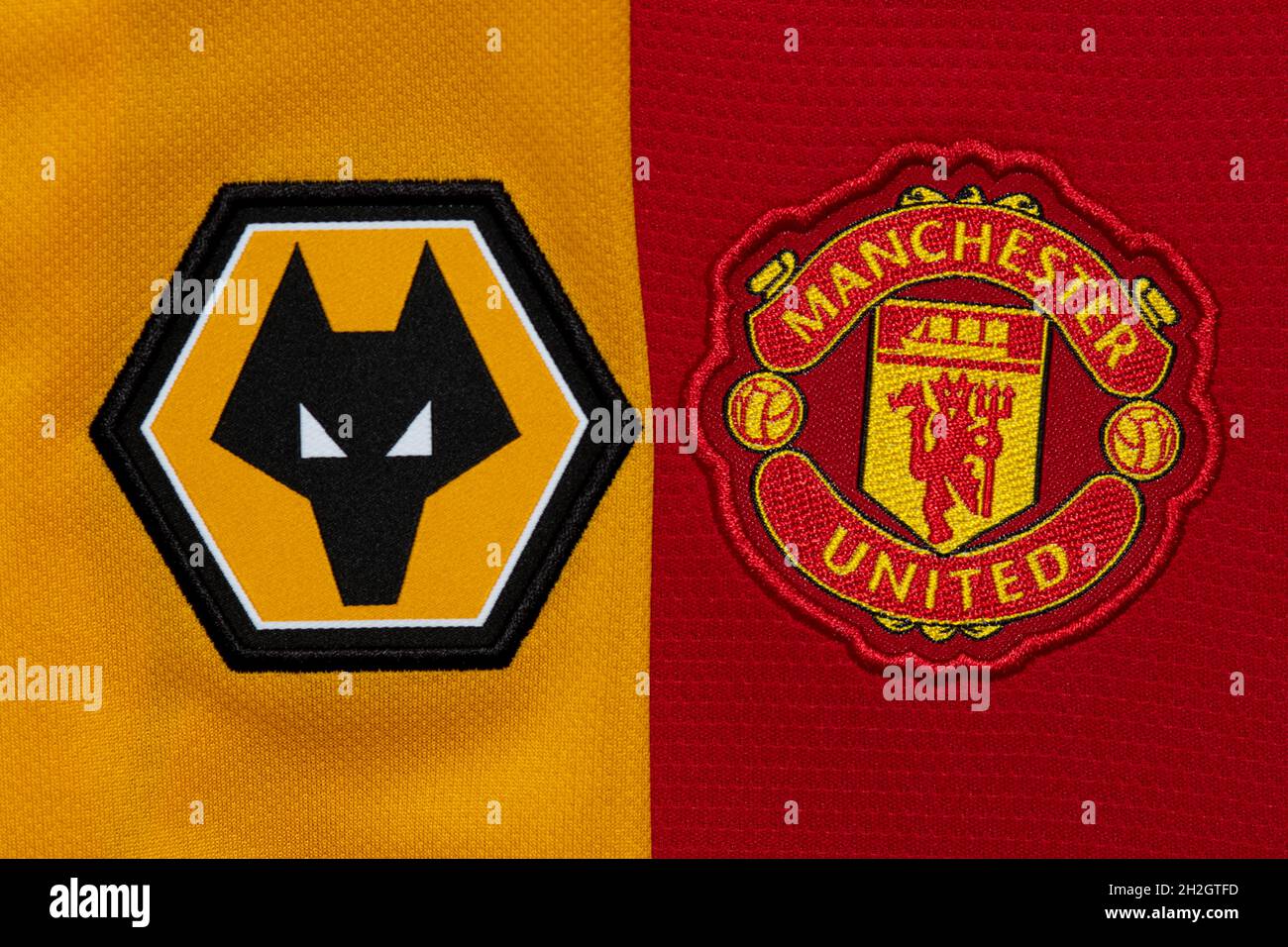Close up of Wolverhampton Wanderers and Manchester United club crest ...