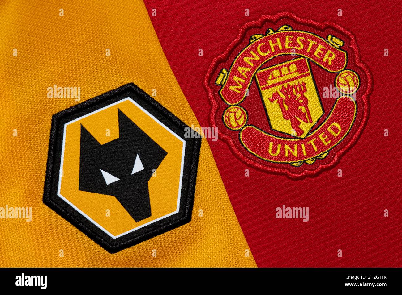 Close up of Wolverhampton Wanderers and Manchester United club crest ...