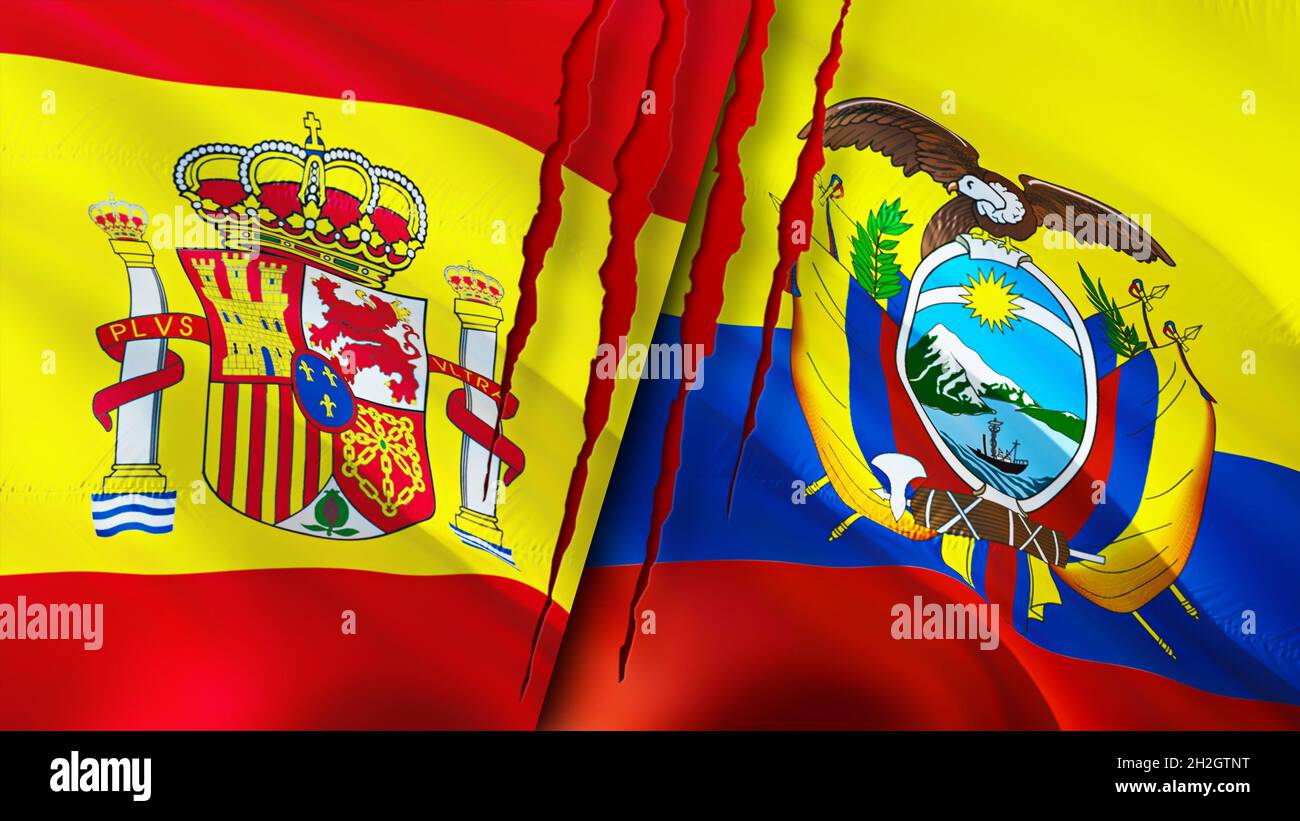 Spain and Ecuador flags with scar concept. Waving flag,3D rendering ...