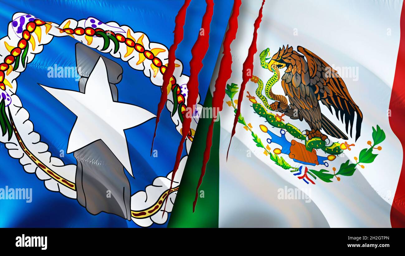 Mariana Islands and Mexico flags with scar concept. Waving flag,3D ...