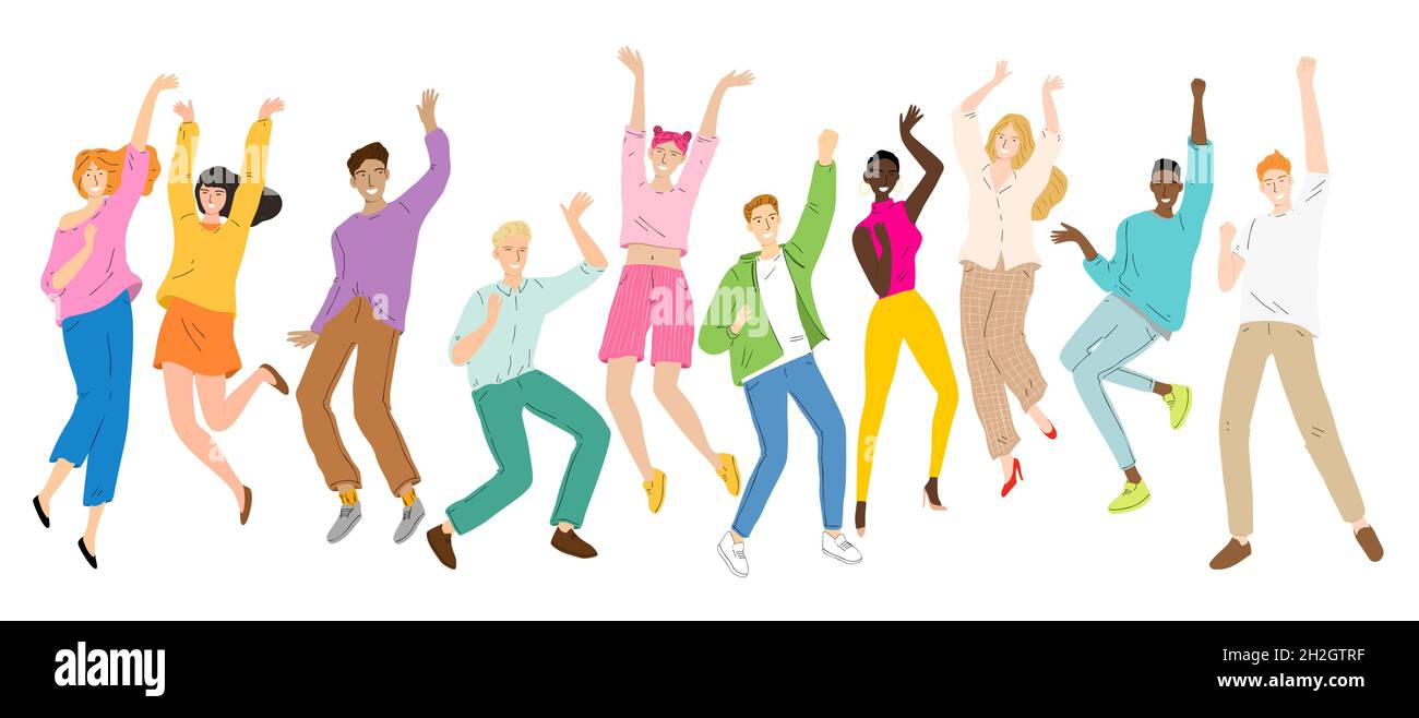 Group of young happy dancing people, dancing characters, men and women ...