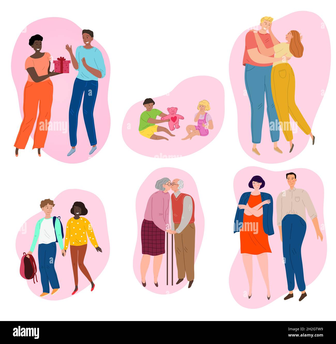 Couples of different ages in love. Children teenagers, adults and old ...