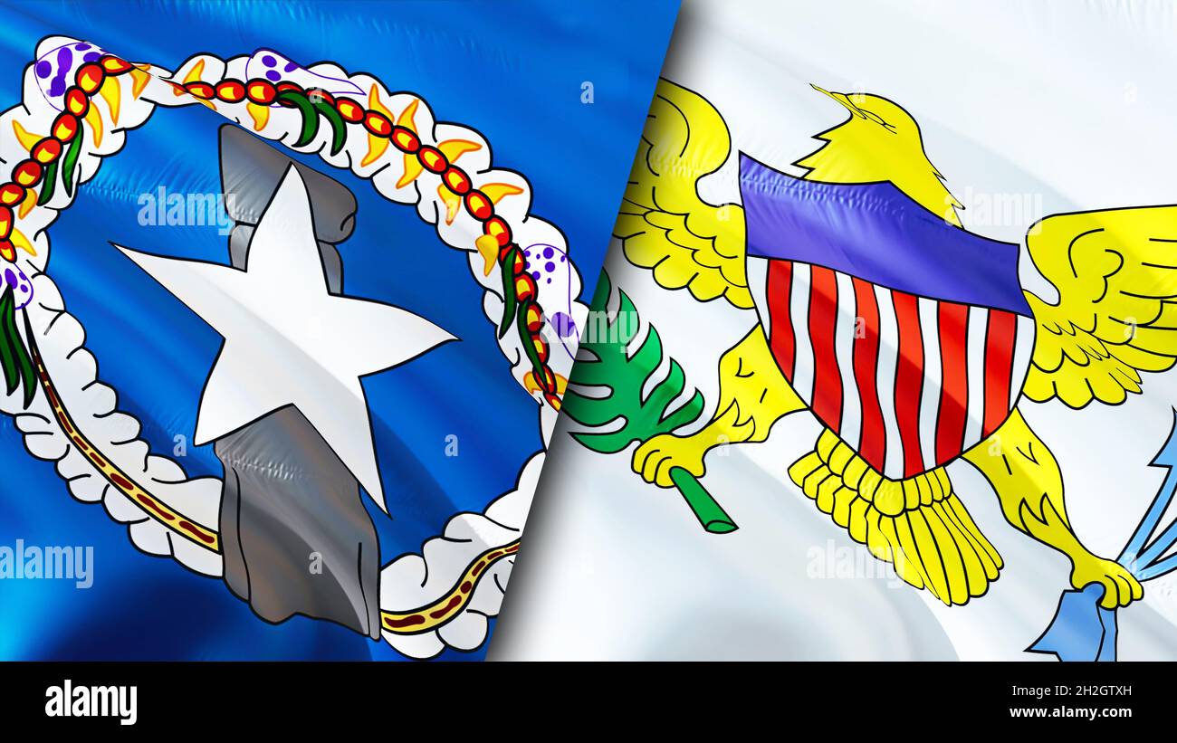 Mariana Islands and U.S. Virgin islands flags. 3D Waving flag design. U ...