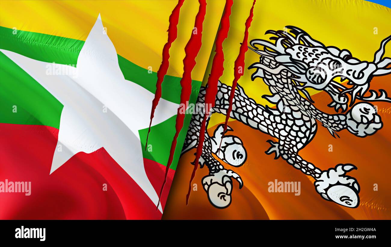 Myanmar and Bhutan flags with scar concept. Waving flag,3D rendering ...