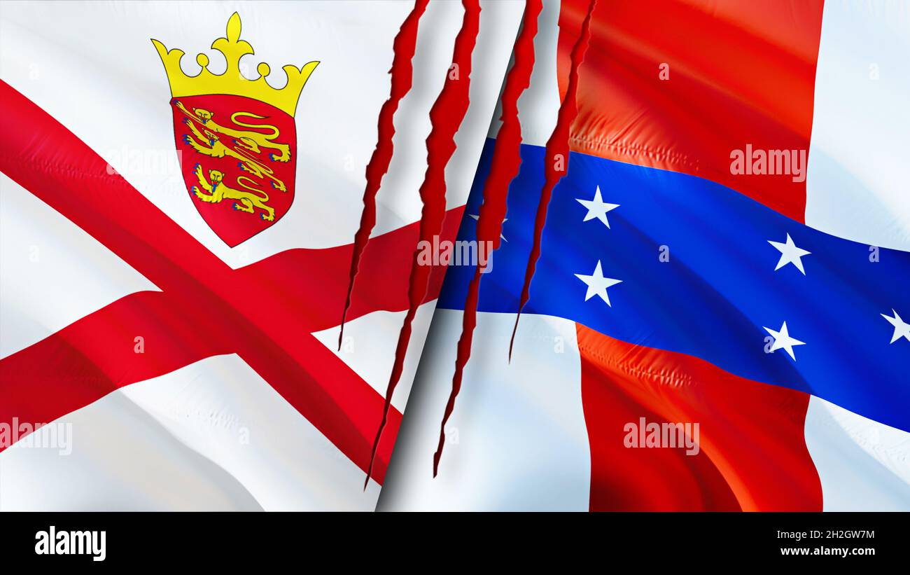 Jersey and Netherlands Antilles flags with scar concept. Waving flag,3D ...