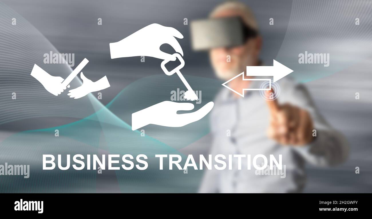 Man with vr headset touching a business transition concept on a touch ...