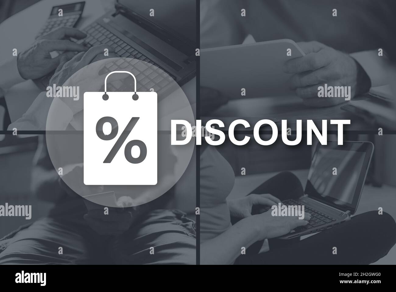 Discount concept illustrated by pictures on background Stock Photo - Alamy