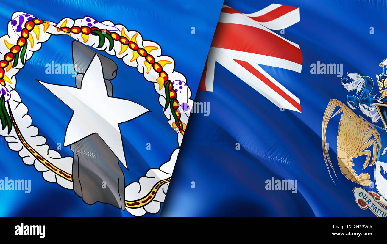 Mariana Islands and Tristan da Cunha flags. 3D Waving flag design ...