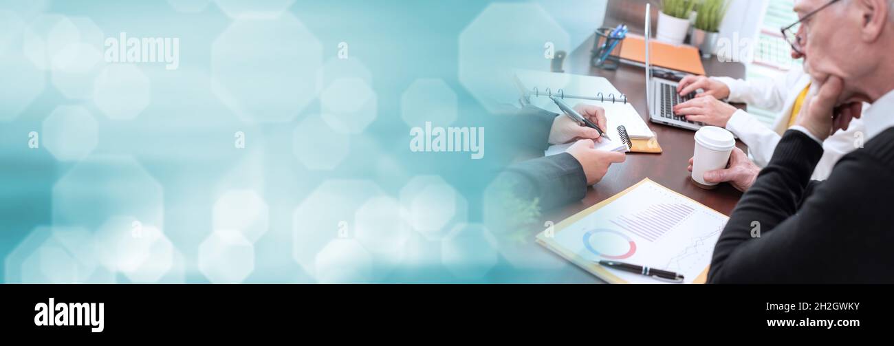 Group of three people working together. teamwork concept; panoramic ...