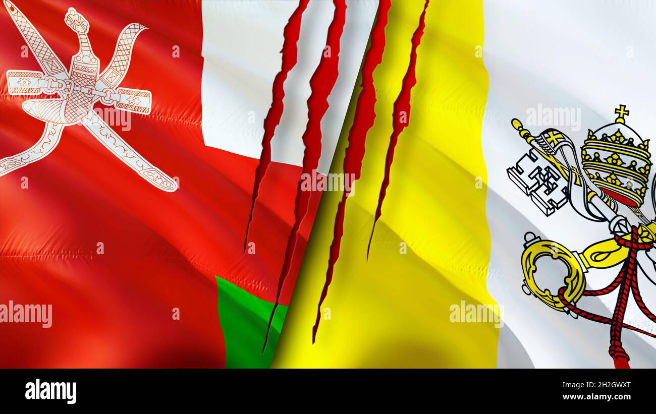 Oman and Vatican flags with scar concept. Waving flag,3D rendering ...