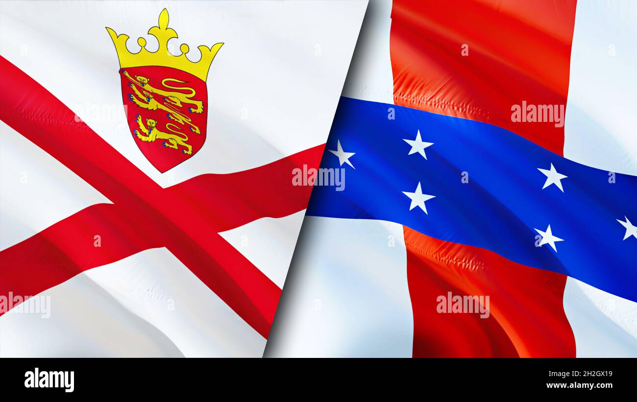 Jersey and Netherlands Antilles flags. 3D Waving flag design ...