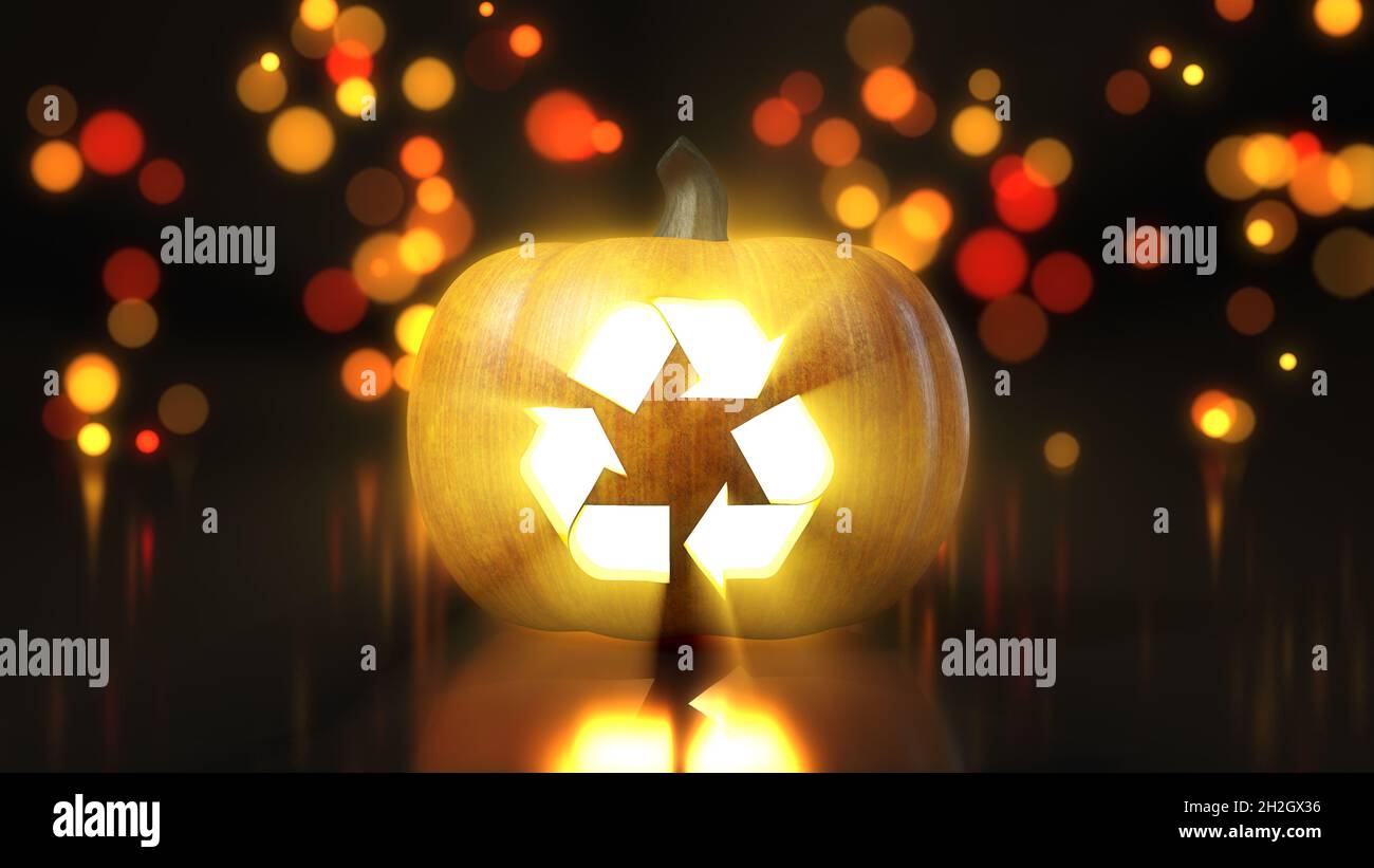 recycle symbol carved on Halloween pumpkin. 3d illustration with bokeh ...