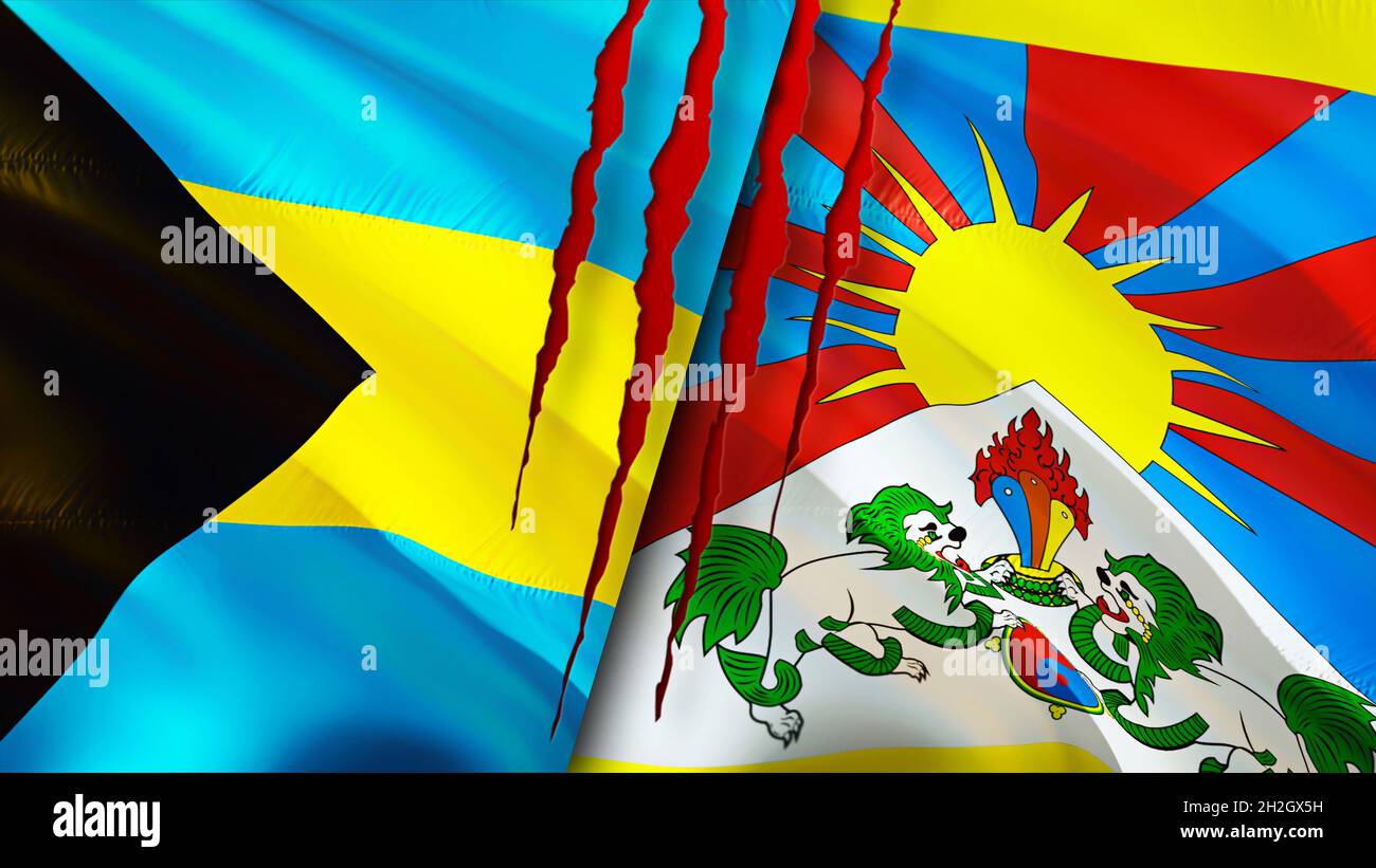 Bahamas and Tibet flags with scar concept. Waving flag,3D rendering ...