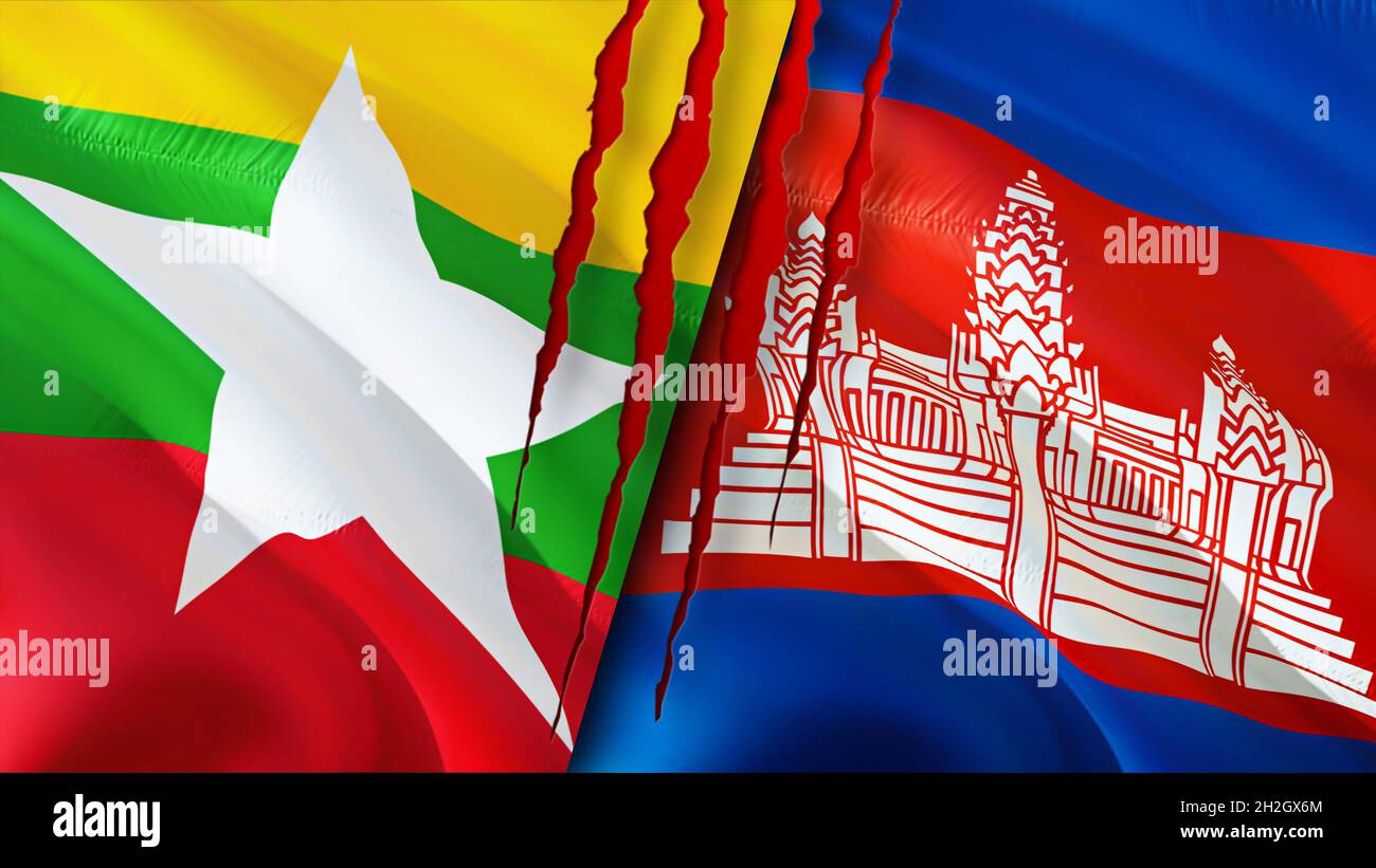 Myanmar and Cambodia flags with scar concept. Waving flag,3D rendering ...