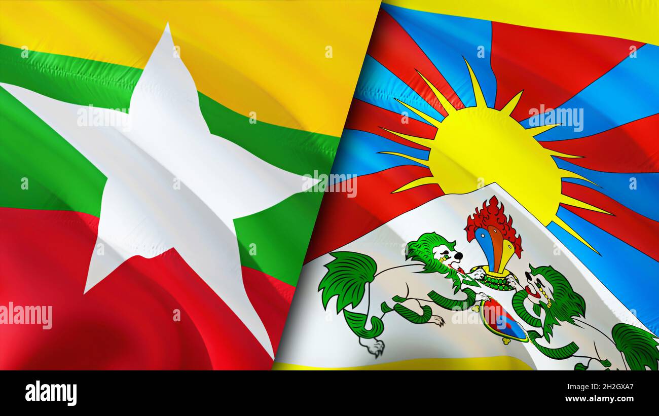 Myanmar and Tibet flags. 3D Waving flag design. Tibet Myanmar flag ...
