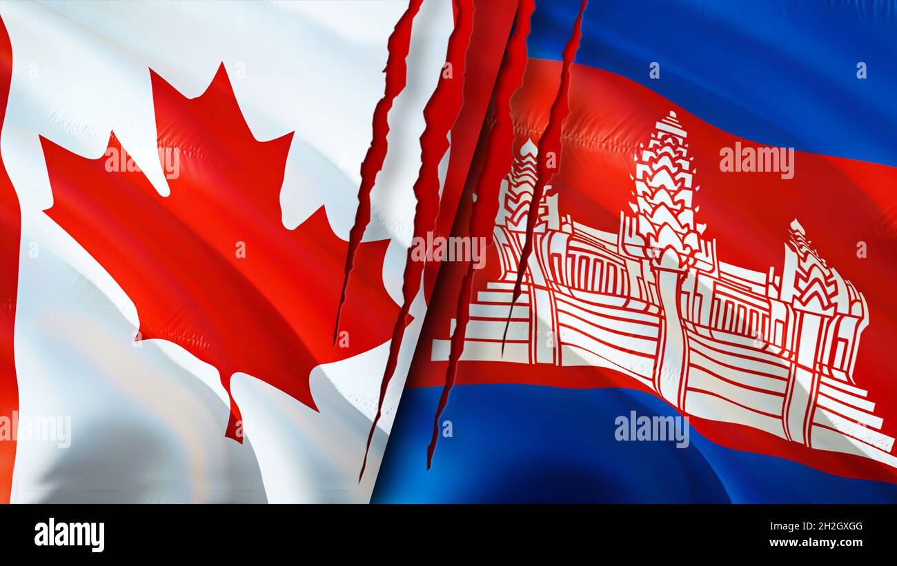 Canada and Cambodia flags with scar concept. Waving flag,3D rendering ...