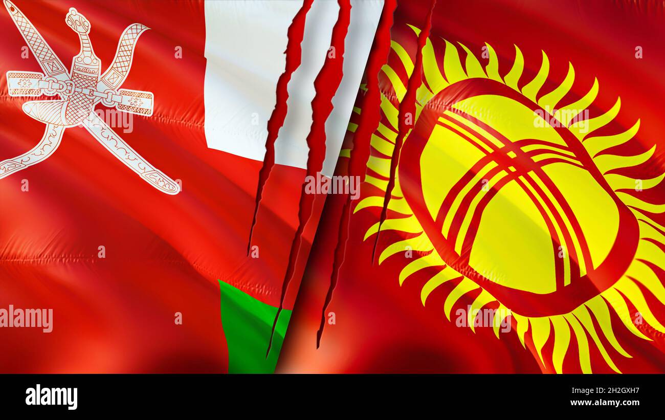 Oman and Kyrgyzstan flags with scar concept. Waving flag,3D rendering ...
