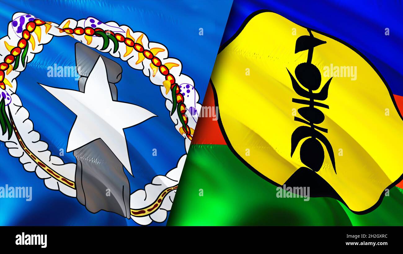 Mariana Islands and New Caledonia flags. 3D Waving flag design. New ...
