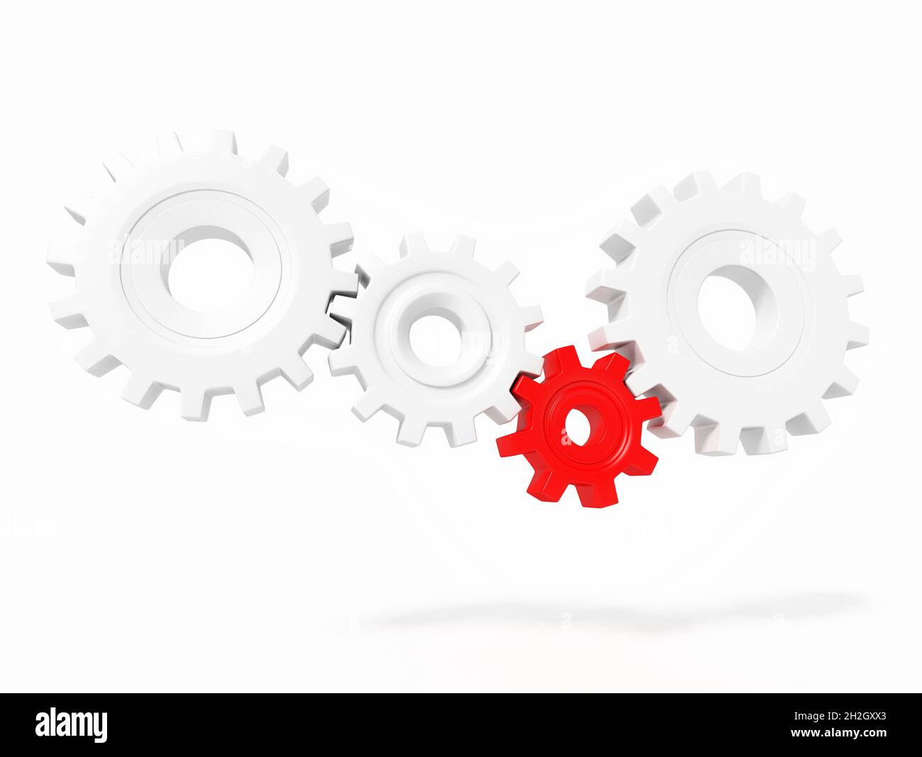 Many white connecting gear cogs and singe red cog isolated on white ...