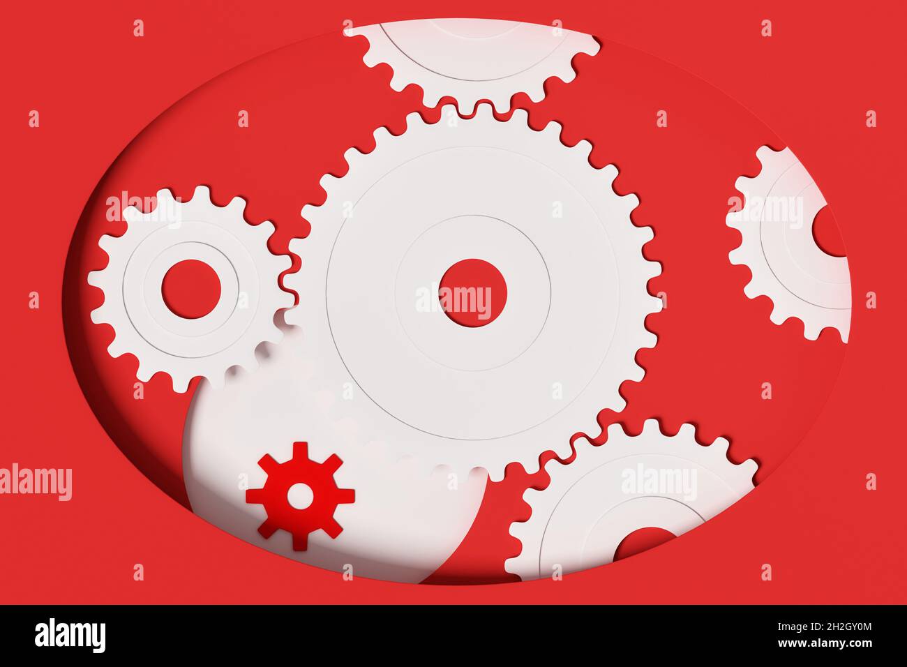 Mechanical gears background; many white gear cogs isolated on red ...