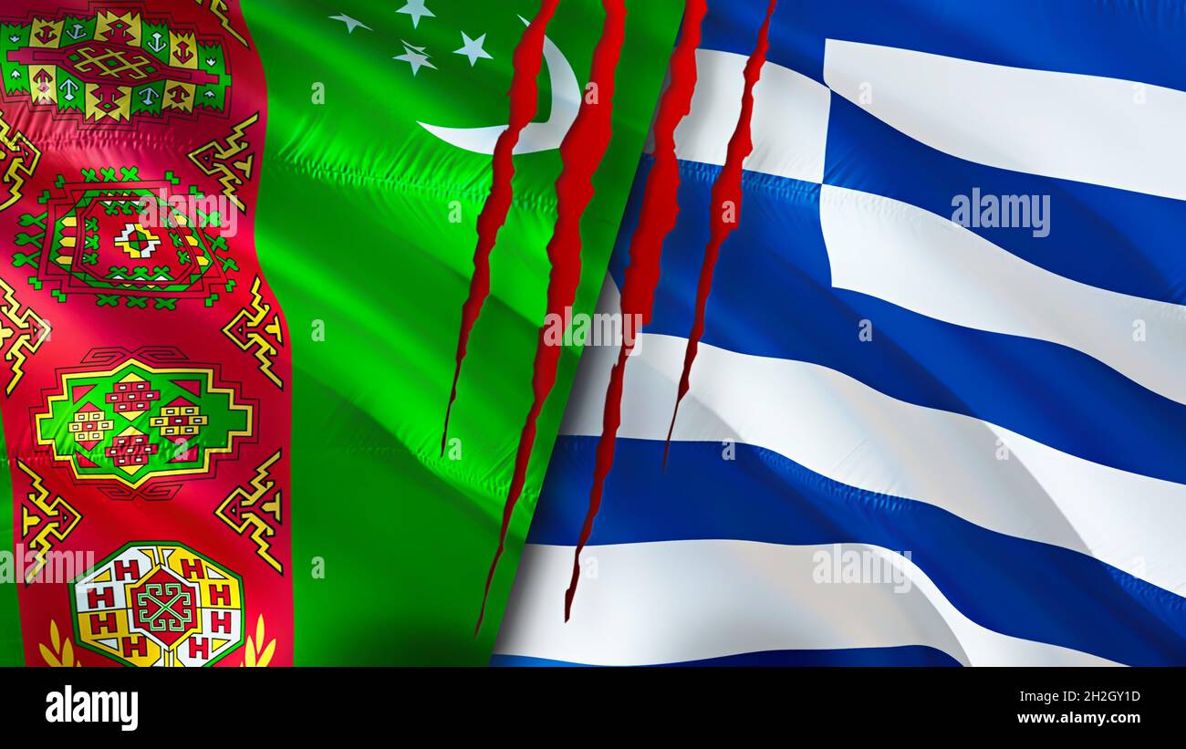Turkmenistan and Greek flags with scar concept. Waving flag 3D ...