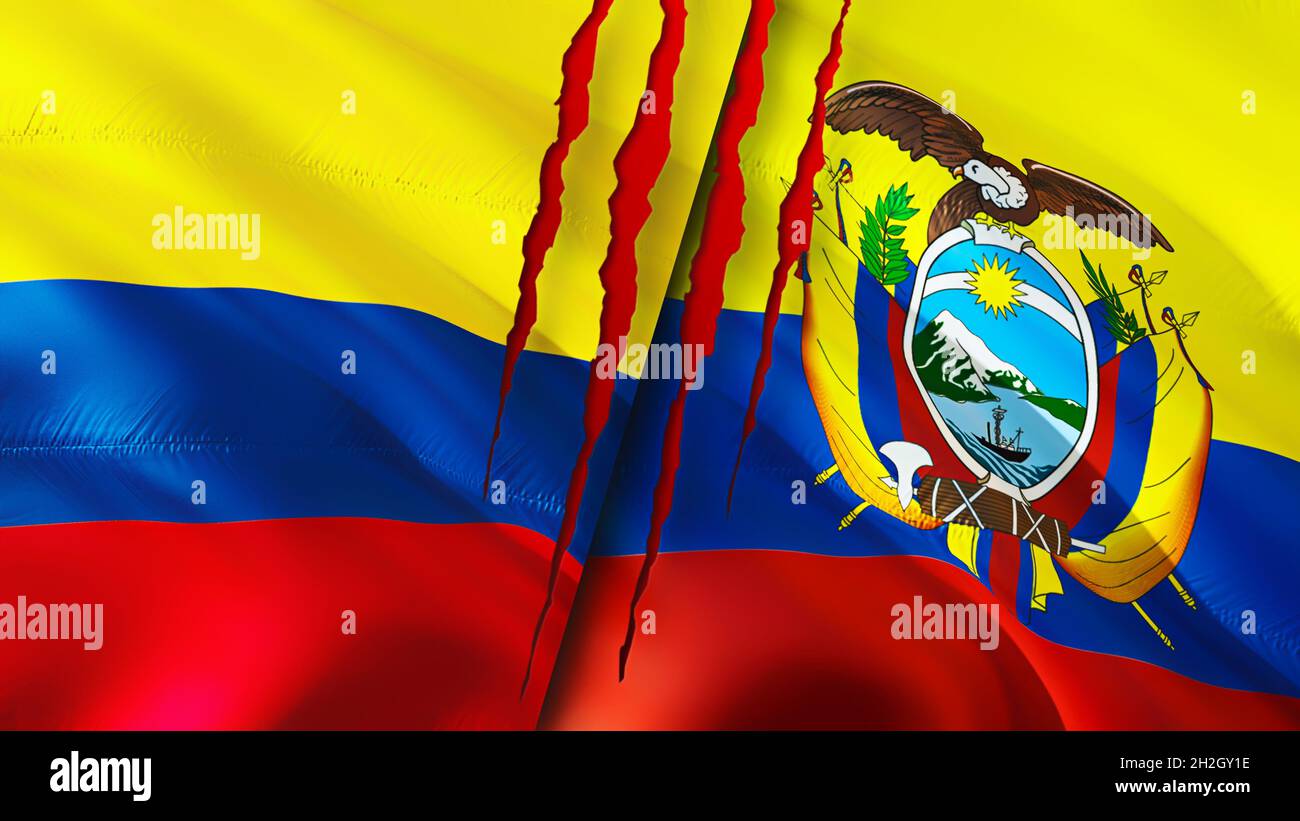 Colombia and Ecuador flags with scar concept. Waving flag 3D rendering ...