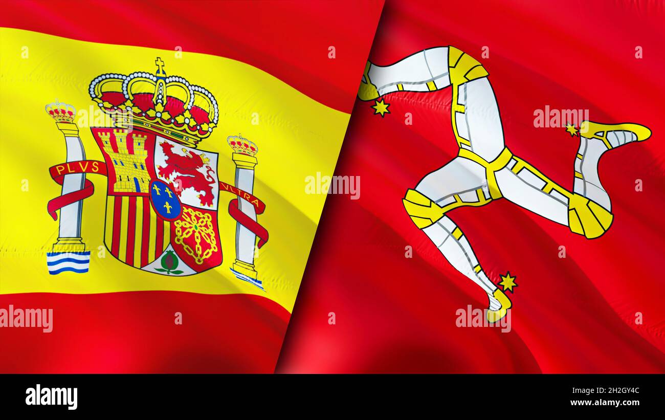 Spain and Isle of Man flags. 3D Waving flag design. Spain Isle of Man ...