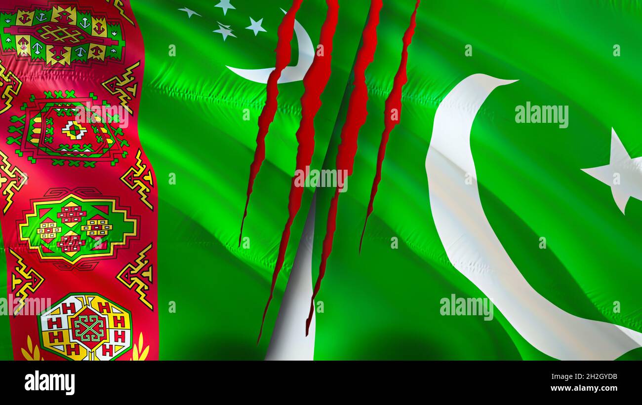Turkmenistan and Pakistan flags with scar concept. Waving flag 3D ...
