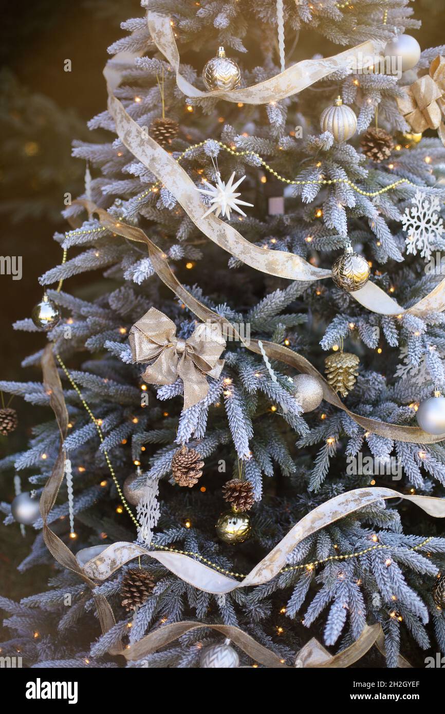 Blue decorated Christmas fir tree with decorative balls and garlands ...