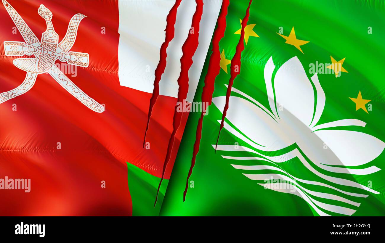 Oman and Macau flags with scar concept. Waving flag,3D rendering. Macau ...