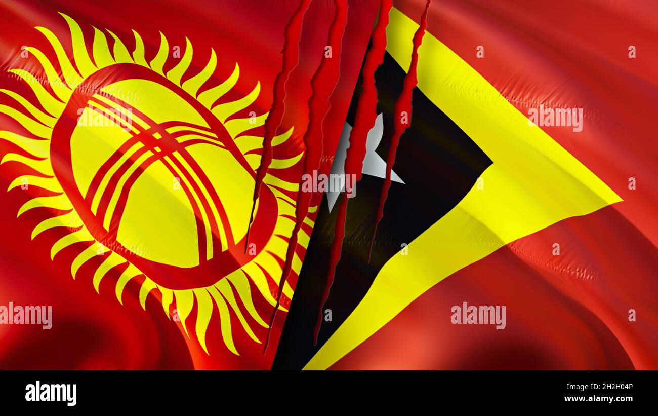 Kyrgyzstan and East Timor flags with scar concept. Waving flag,3D ...