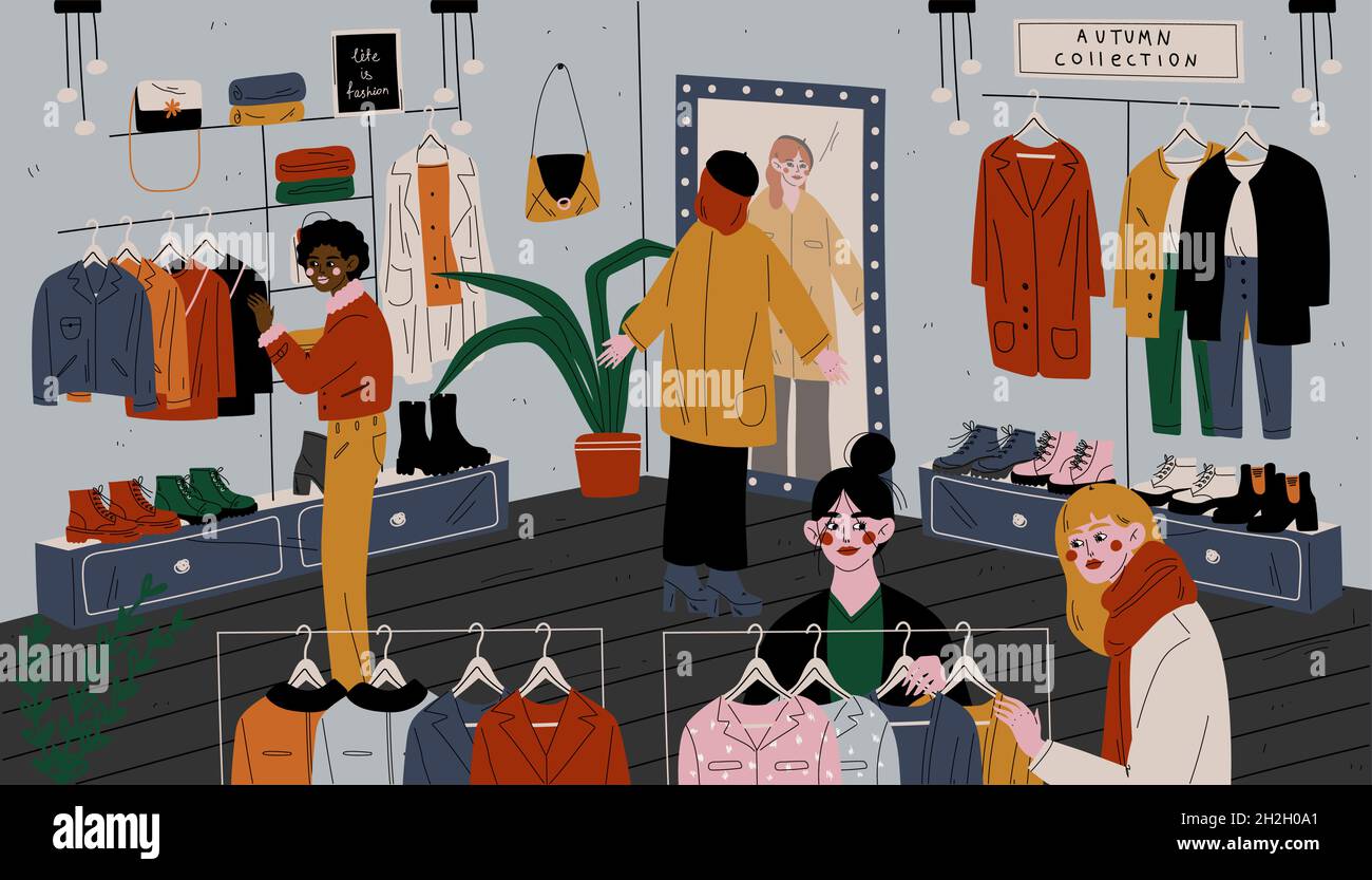 People in store choose clothes. Retail outlet Stock Vector Image & Art ...