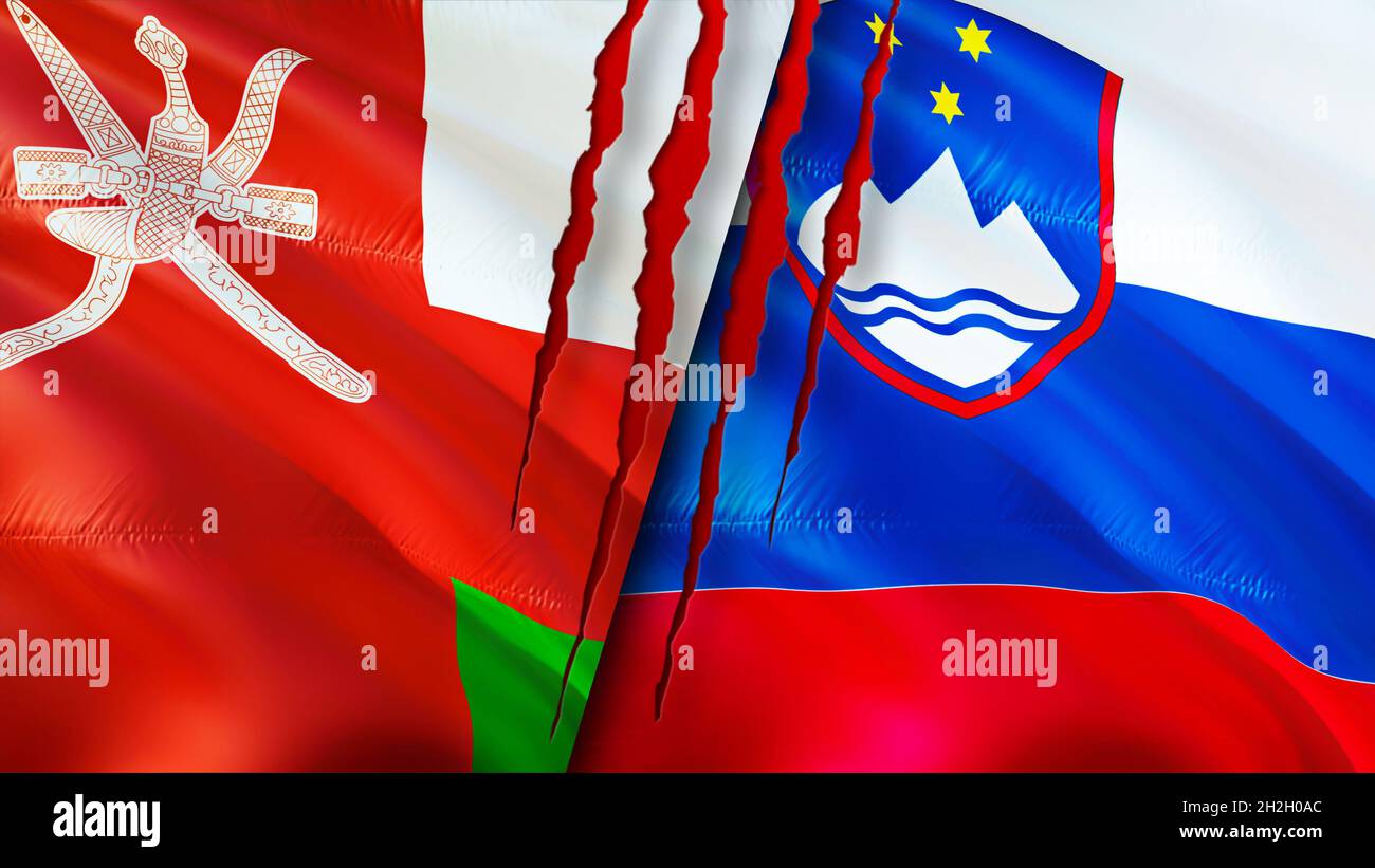 Oman and Slovenia flags with scar concept. Waving flag,3D rendering ...