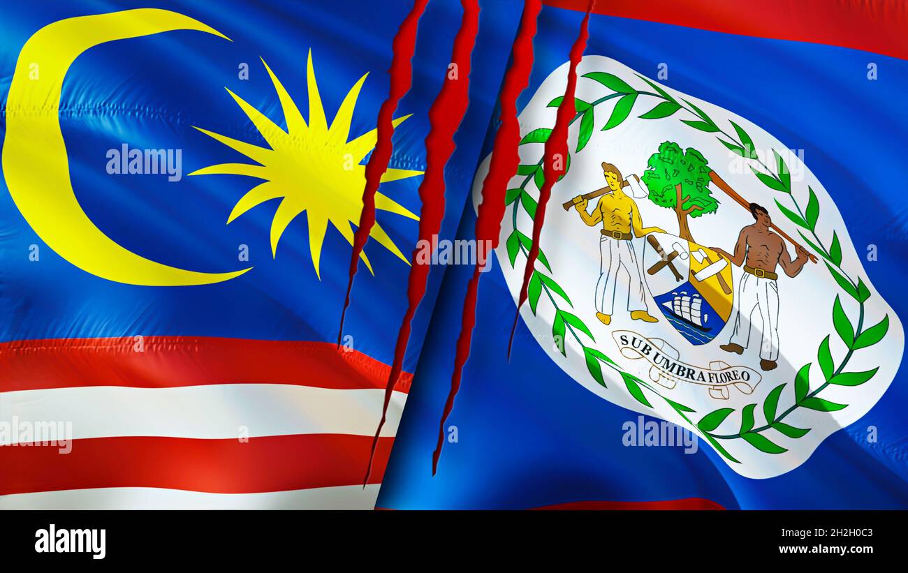Malaysia and Belize flags with scar concept. Waving flag,3D rendering ...