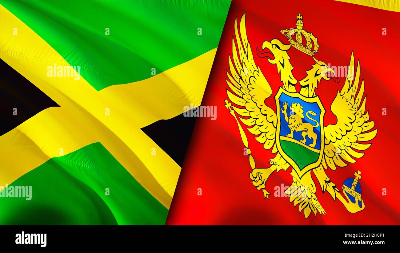 Jamaica and Montenegro flags. 3D Waving flag design. Jamaica Montenegro ...
